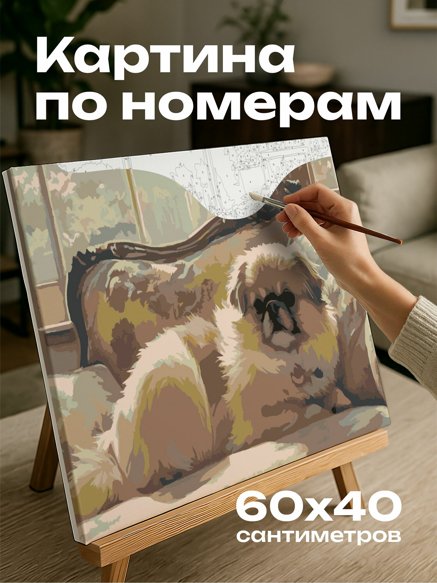 Картина по номерам 60x40 см, Пекинес, пастельный рисунок, уютная комната, солнце, плюшевые подушки, антикварная мебель