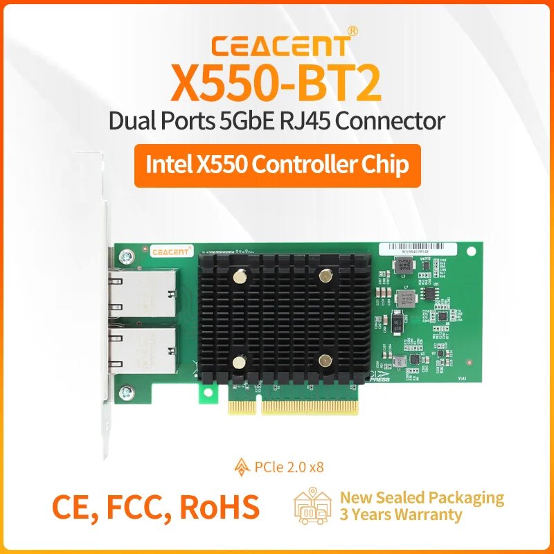 Сетевая карта 10/5/2,5/1GbE X550-BT2, двухпортовая сетевая карта RJ45 PCIe 2,0 x8 с низкопрофильным кронштейном набора микросхем Intel X550 в комплекте