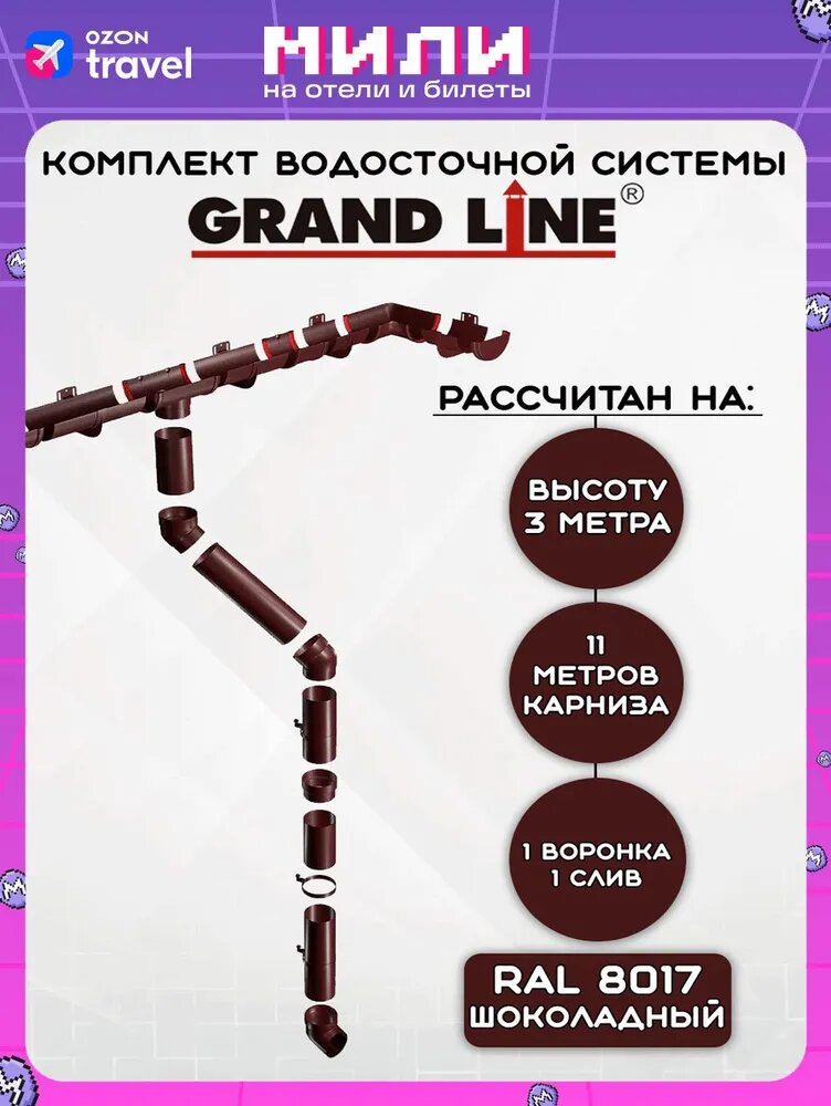 Комплект водосточной системы Grand Line шоколад 11 метров (1 слив), (120мм/90мм) водосток для крыши пластиковый Гранд Лайн (RAL 8017)