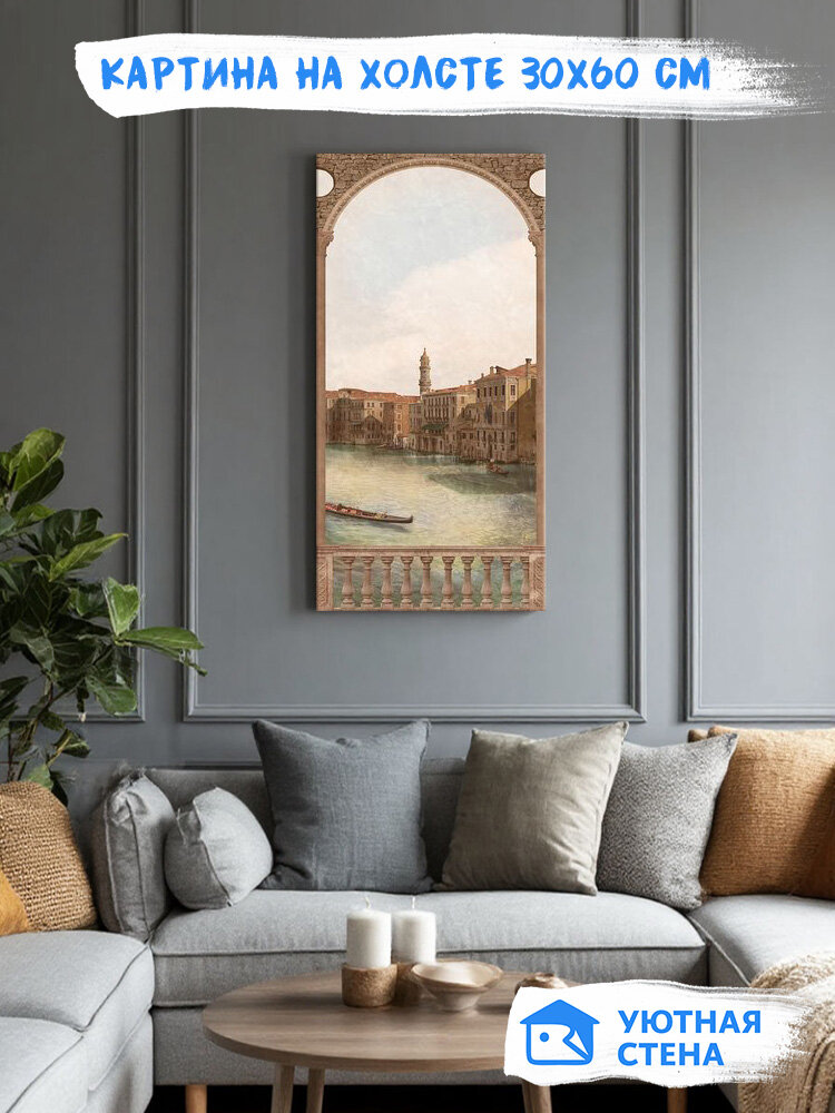 Картина на натуральном холсте Уютная стена "Вид с балкона на каналы Венеции" 30х60 см