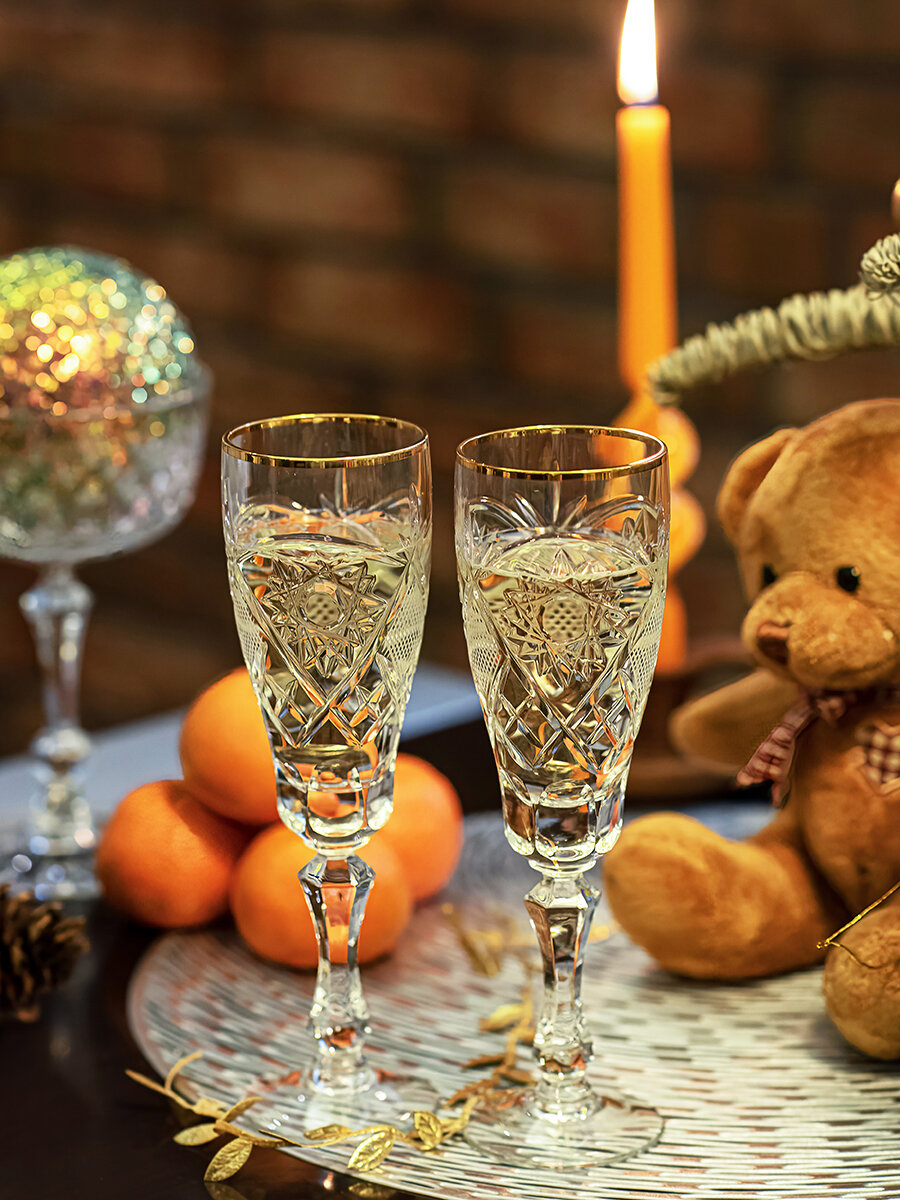 Хрустальные бокалы для шампанского игристых вин 170 мл. фужеры набор 2 шт Неман, отводка золотом
