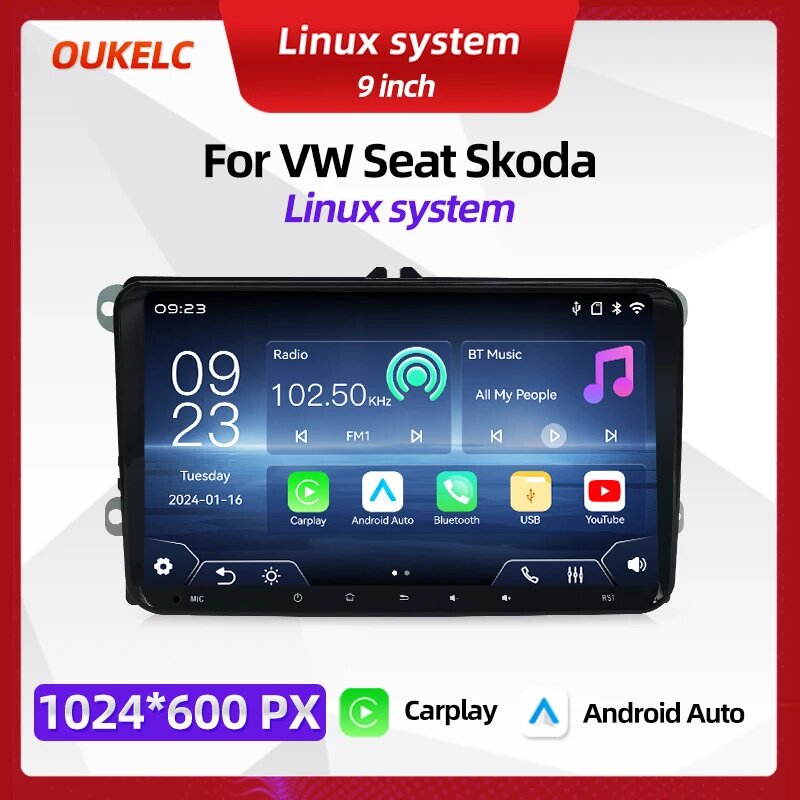 9-дюймовый мультимедийный проигрыватель с CarPlay и Android Auto для Skoda Roomster, Fabia Combi, Yeti, навигационная система, радио, Bluetooth, IPS-экран, Linux-система для автомобиля