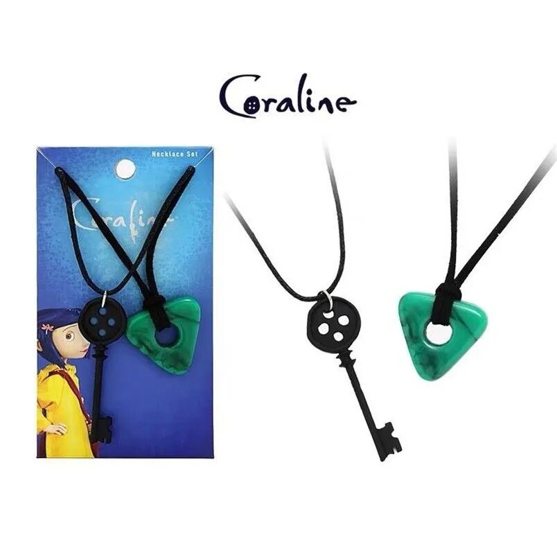 Набор кулонов Coraline: ключ и зеленый треугольник, украшения на шнурке