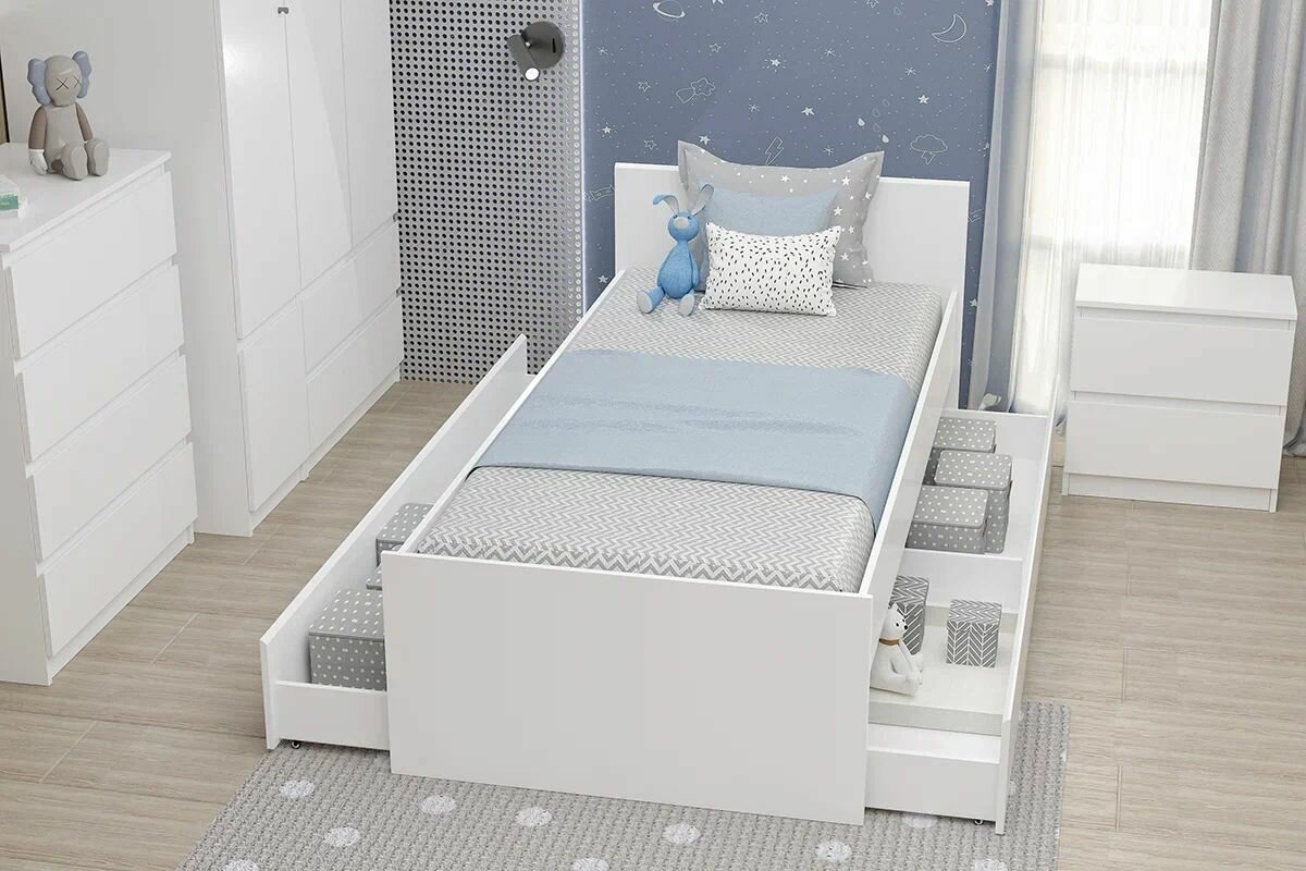 Односпальная кровать с 2 ящиками 90х200 "Кэт-1" Белый