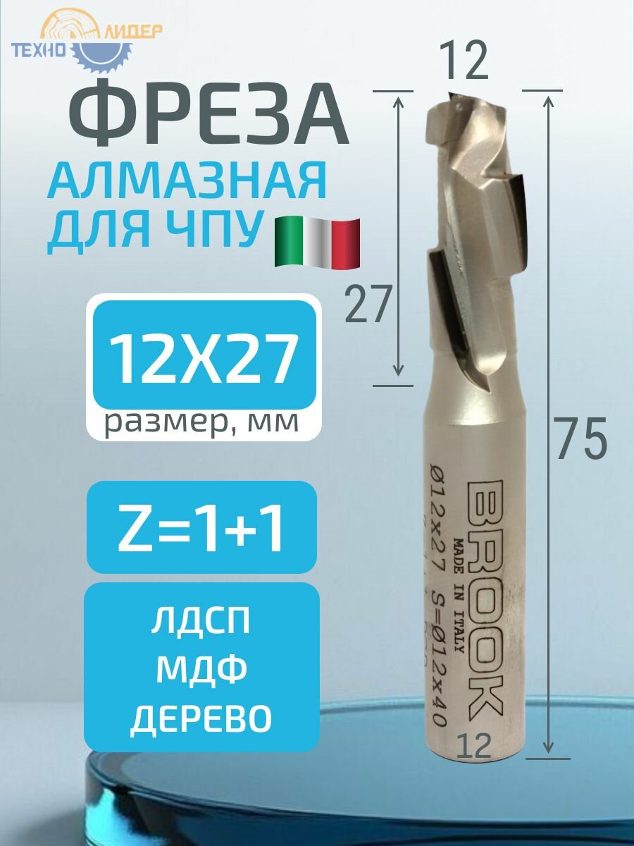 Фреза алмазная для ЧПУ 12мм I 27 L 75 S12х45 RH Z 1+1 ZGP1R1225 BROOK Италия
