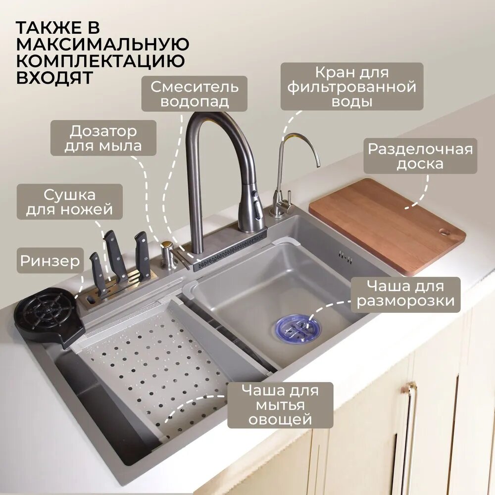 Многофункциональная кухонная мойка с водопадом из нержавеющей стали SUS 304, 75x45 см — фото 1