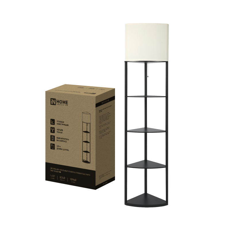 Светильник напольный под лампу этажерка угловая ТНО 11С-Е27-WB белый абажур, черный корпус IN HOME