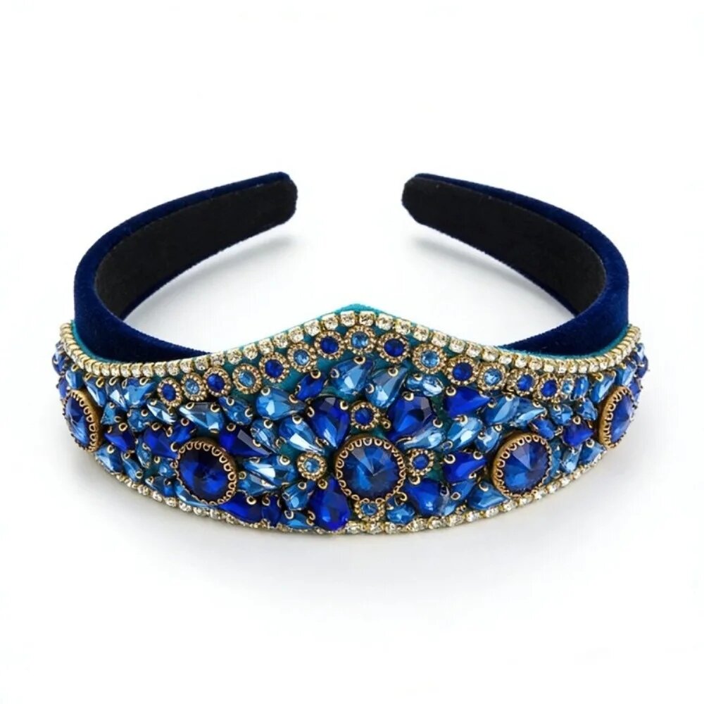 Широкая повязка на голову со стразами Candy Color Темно-синий, Blue