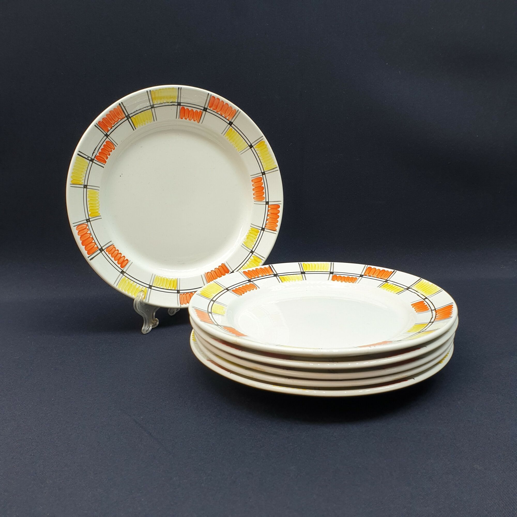 Винтажный набор из 6 десертных тарелок Зик, фаянс роспись 20 см, винтаж СССР