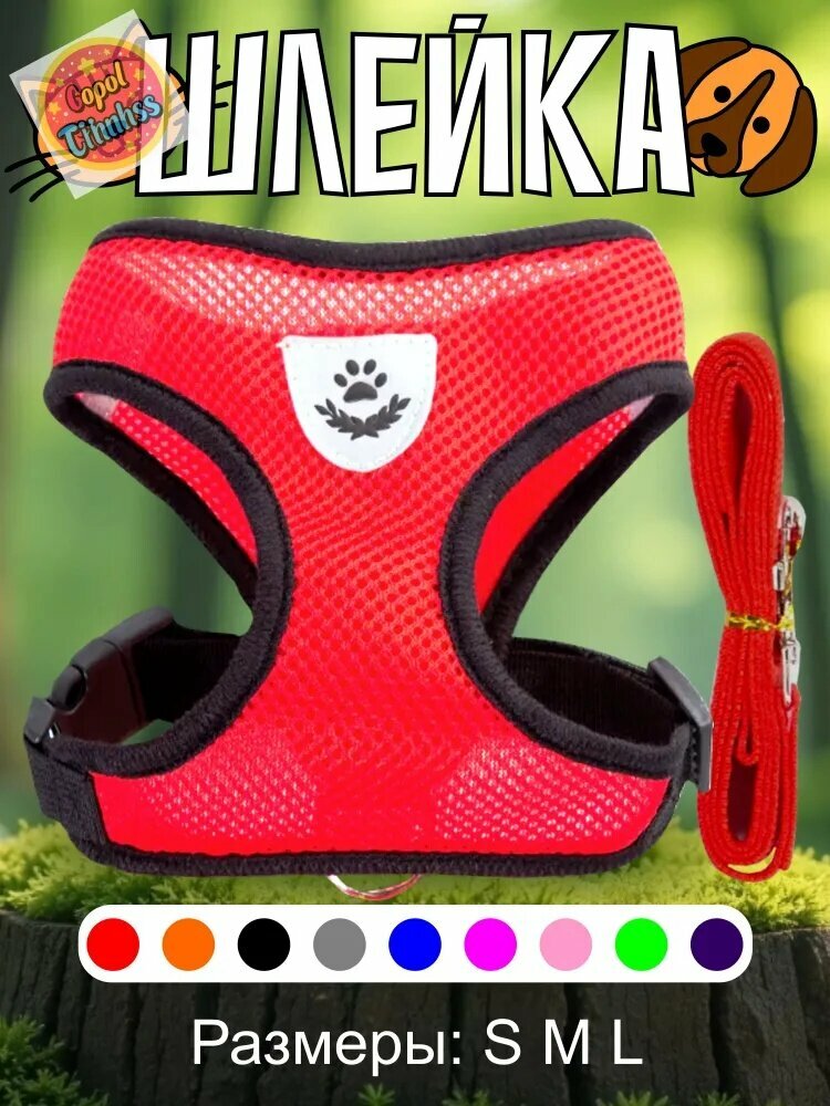 Шлейка для кошек, собак мелких, средних пород/щенков, взрослых животных с поводком, светоотражающей нашивкой/ прогулочная, анатомическая, регулируемая для дрессировки. ическа, я
