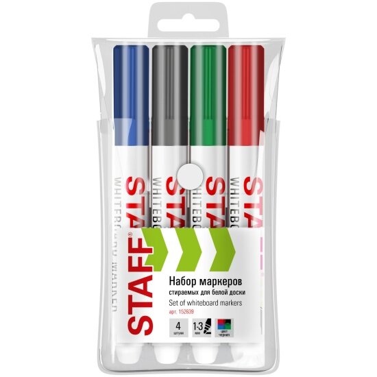 Маркеры Staff стираемые для белой доски набор 4 цвета, "BASIC" WBM-200, 1-3 мм, 152639