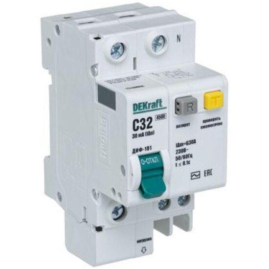 Дифференциальный автомат Dekraft 2п (1P+N) C 32А 30мА тип AC ДИФ-101 со встроен. защит. от сверхтоков, 15160DEK