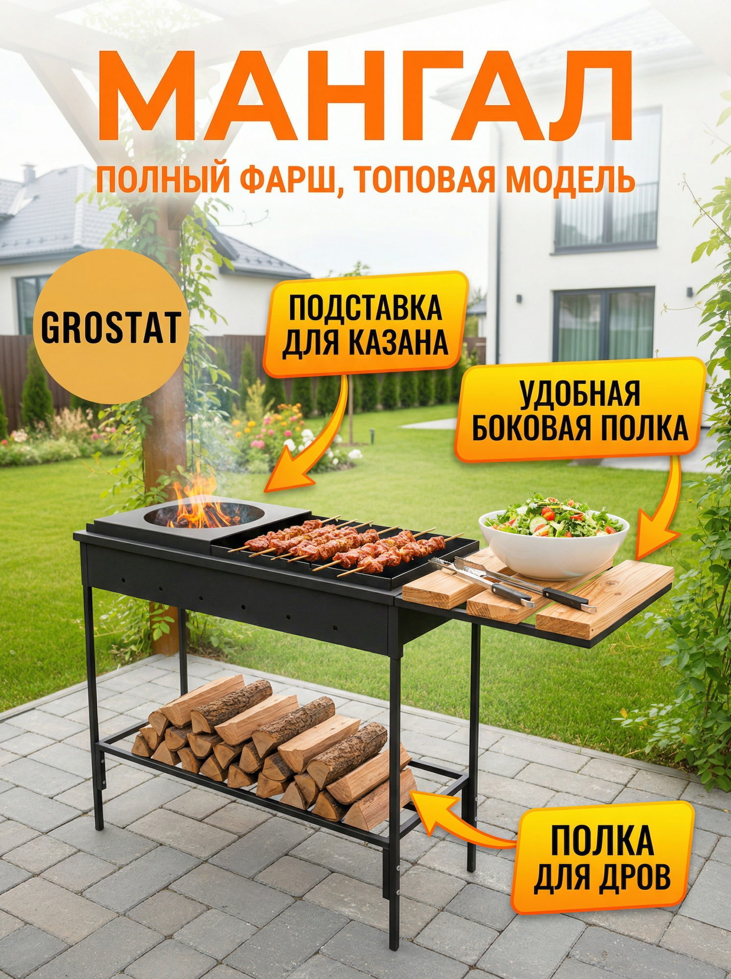 Мангал гриль барбекю с подказанником для шашлыка и барбекю 746х340х750 мм, гростат