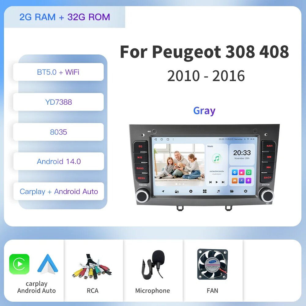 Автомобильное мультимедийное радио Kapud Android 14 7 дюймов для Peugeot 308 408 2 Din 3326 G 2 32