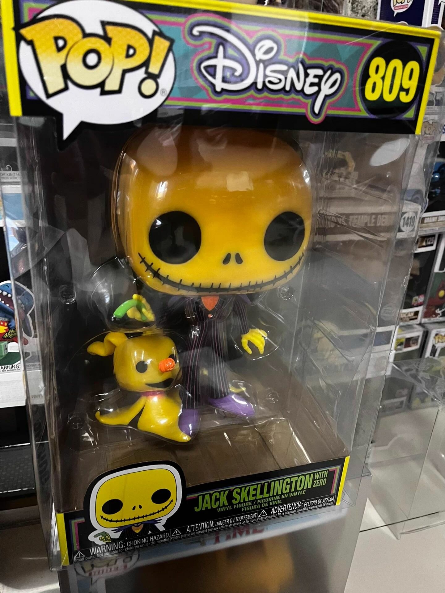 Коллекционная виниловая фигурка Disney: Джек Скеллингтон с Зеро, №809, в желтом блестящем дизайне