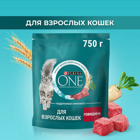 Purina ONE 2 шт по 750 г сухой корм для взрослых кошек, с высоким содержанием говядины и цельными злаками