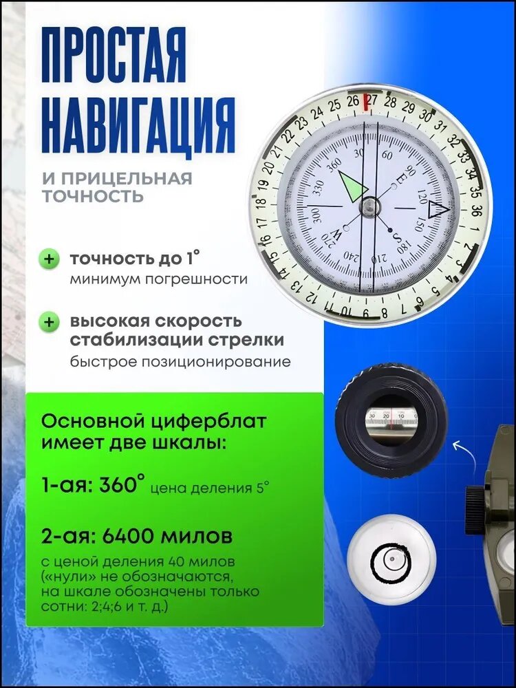 Тактический компас армейский с курвиметром и водонепроницаемой сумкой, светящийся в темноте — фото 1