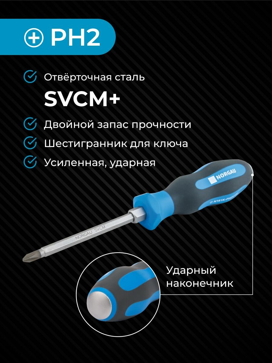 Ударная отвертка крестовая NORGAU Industrial из стали SVCM PH2 и сплошным ударным стержнем