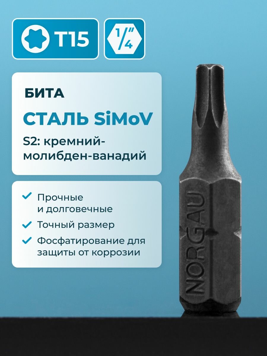 Бита Torx TTR15 NORGAU Industrial из высокопрочной SiMoV стали S2, под шестигранник 1/4"
