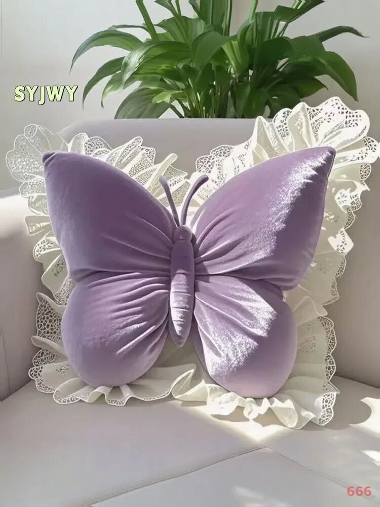 SYJWY Декоративная подушка-бабочка 28x40 см, высота 27.5 см, сиреневый велюр для гостиной, спальни