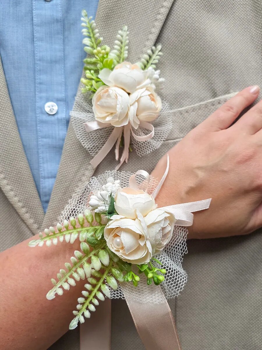 Набор: бутоньерка и браслет для жениха и невесты на руку и пиджак, комплект для свидетелей и гостей на свадьбу¶