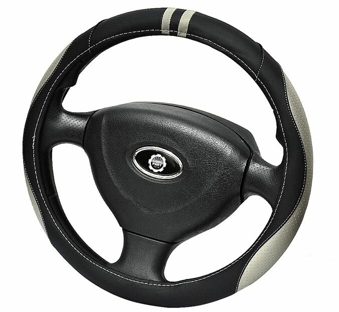 Оплетка на руль для автомобиля Geely Emgrand EC7, MK, Emgrand X7, GC6, CK / Джили МК Кросс и др, в черном цвете с серыми вставками, Экокожа