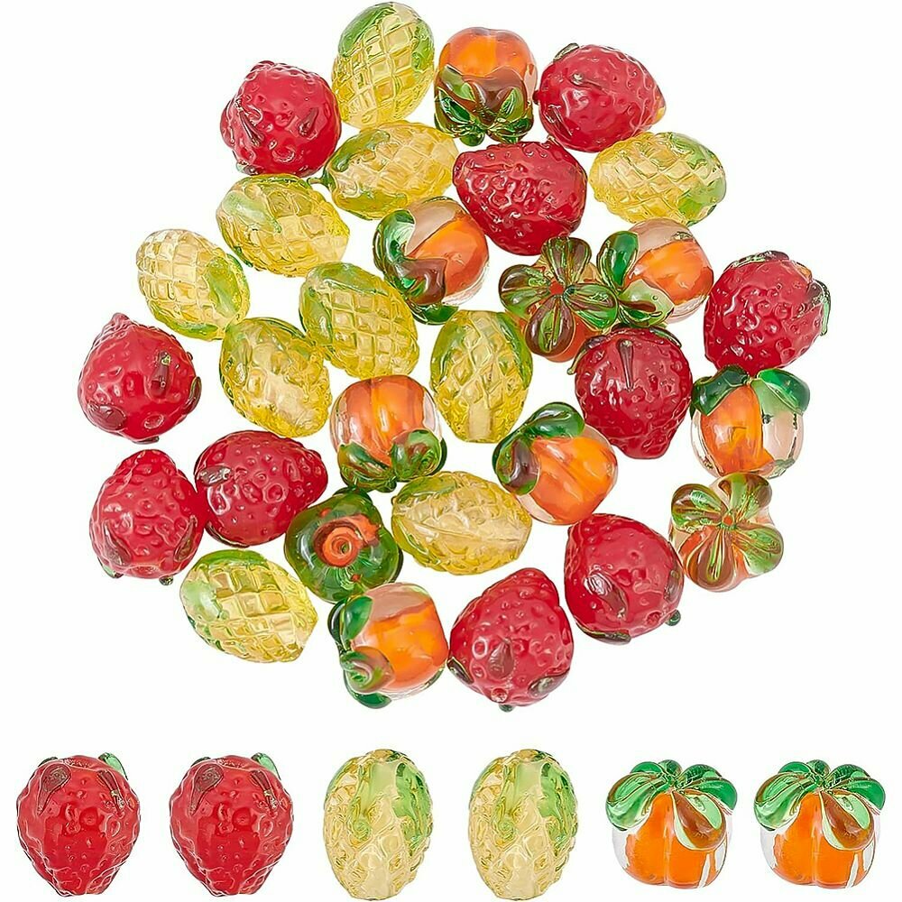 30 шт. 3 видов стеклянных бусин ручной работы в виде фруктов: ананас, клубника, хурма, хрустальные бусины