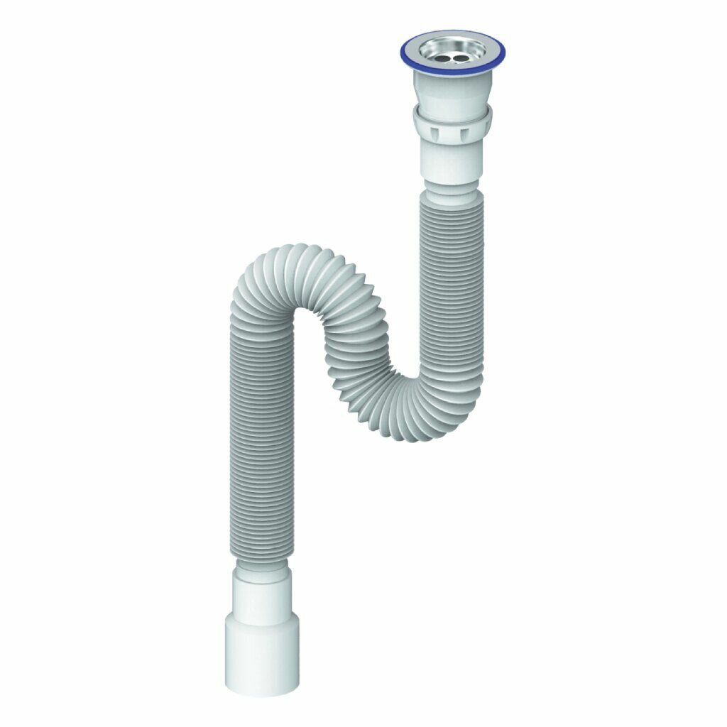 Сифон для мойки Unicorn D240, гибкая труба 1500 мм, 1 1/2 x 40 мм, белый полипропилен, Россия