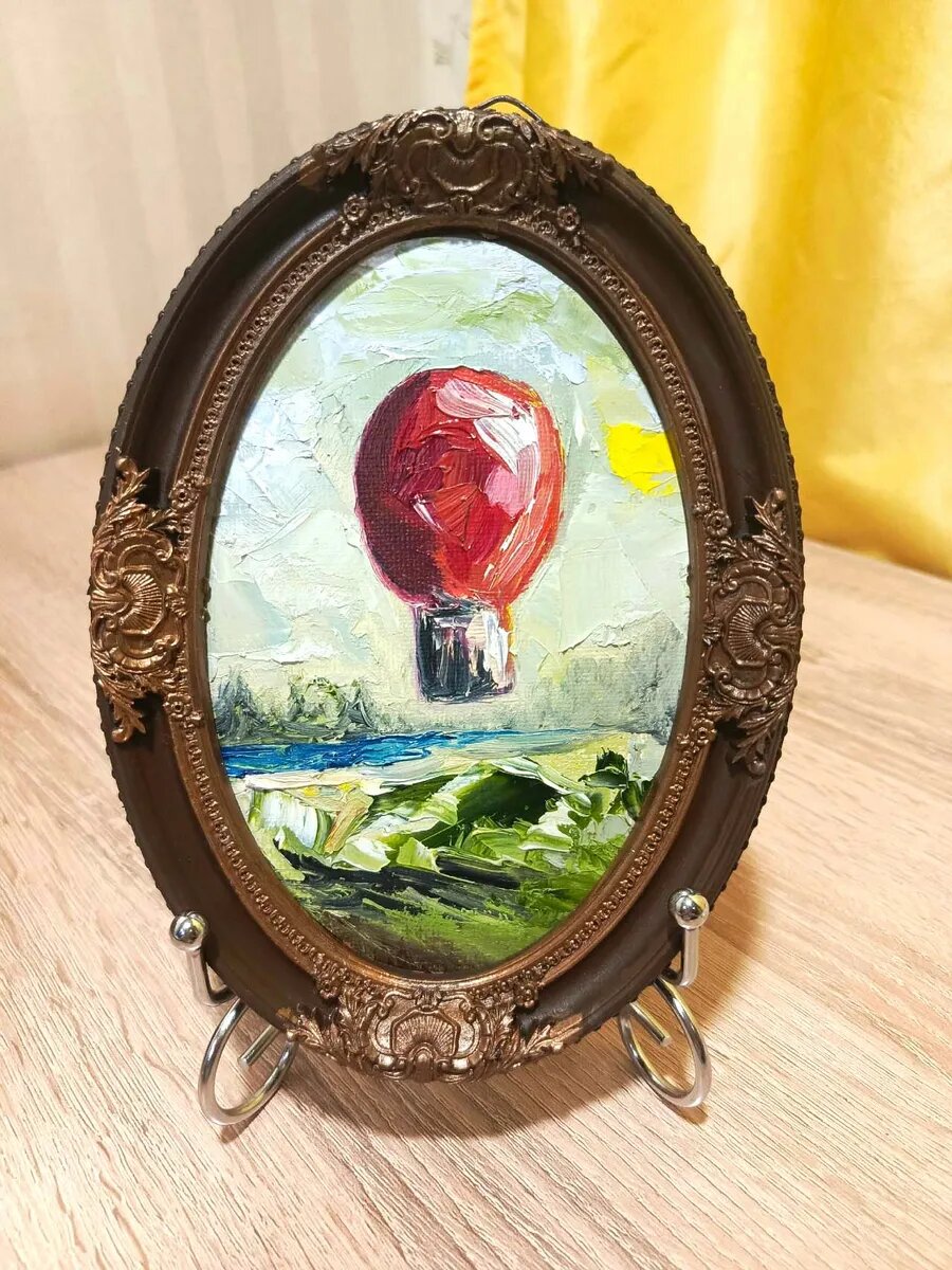 Картина маслом "Воздушный шар" в гипсовой раме 10х15