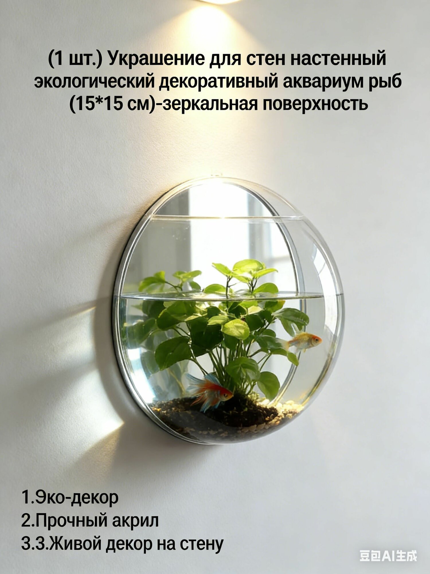 (1 шт.) Украшение для стен настенный экологический декоративный аквариум рыб (15*15 см) -зеркальная поверхность зеркальный аквариум настенный декор