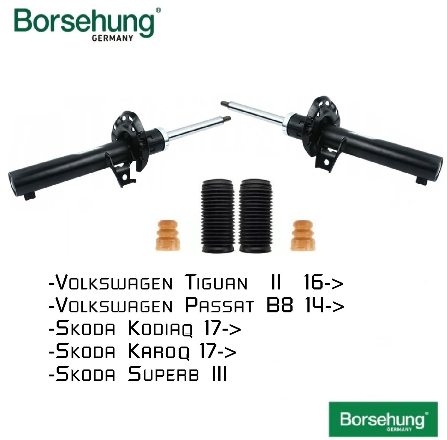 Передние амортизаторы Borsehung (D 55mm) для Volkswagen Tiguan II, Passat B8, Golf 7, Skoda Kodiaq, Karoq, Superb III, A3