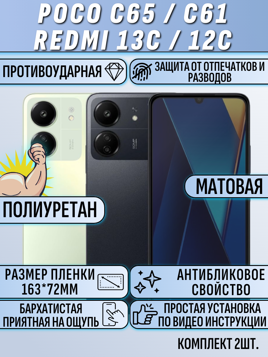 Гидрогелевая защитная пленка для Poco C65 матовая на весь экран 2 шт