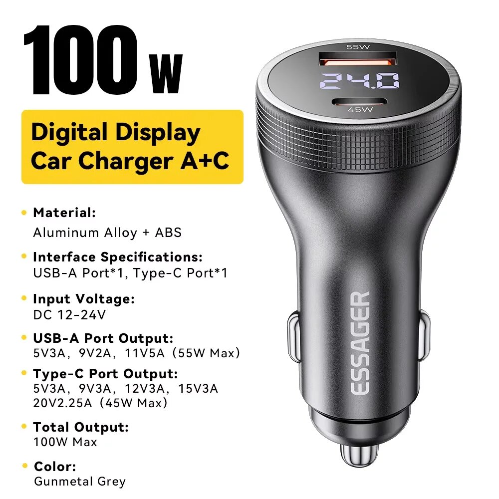 Автомобильное зарядное Essager 100W USB-A/Type-C, цифровой дисплей, Gunmetal Grey