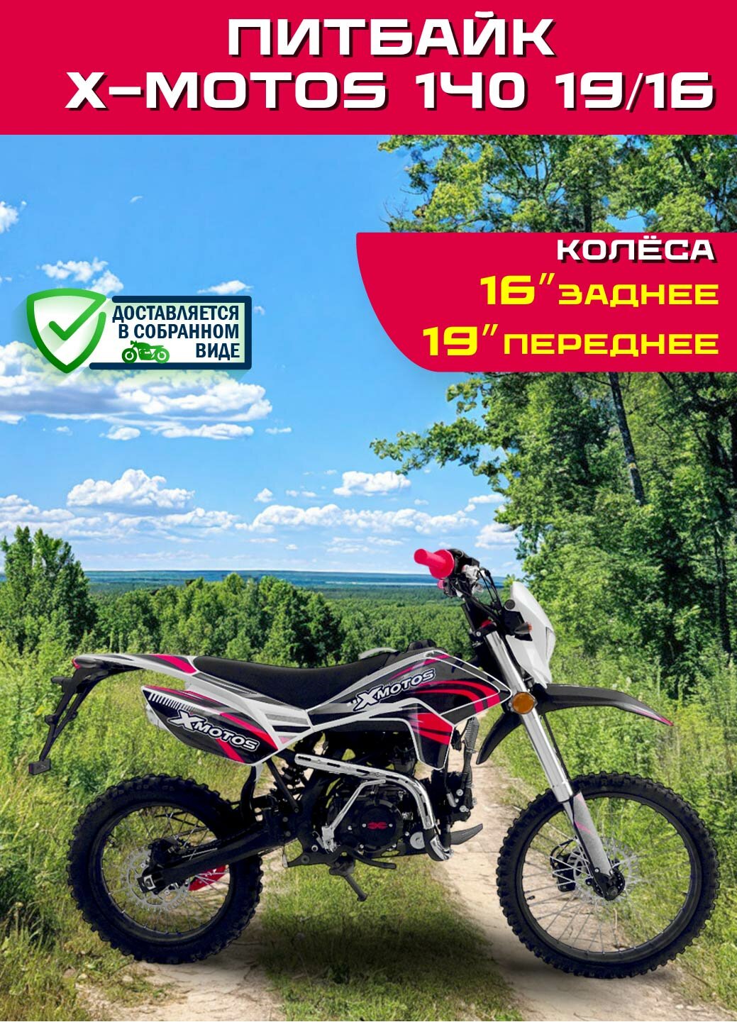 Питбайк X-MOTOS "140", 19" передняя звезда/16" задняя звезда, чёрный, с приборкой и светотехникой