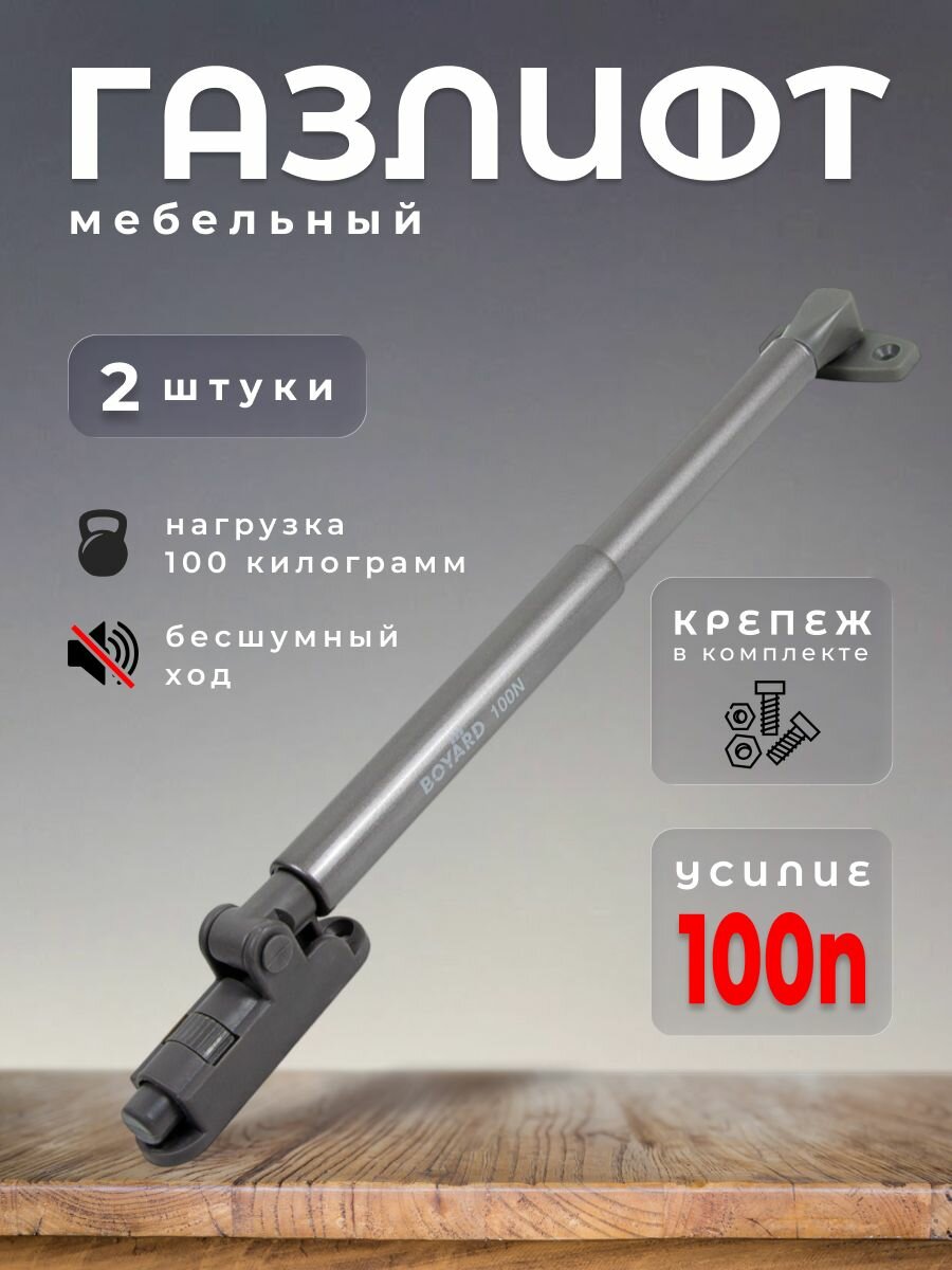Газлифт, доводчик для мебели с фиксацией положения и амортизацией, амортизатор мебельный для плавного закрывания двери, газовый упор Boyard GL110GRPH/100/3 комплект 2 шт. графит