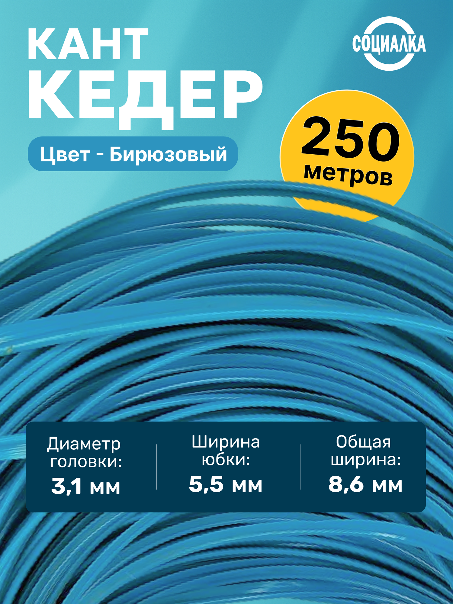 Кедер (кант, жилка) для сумок, авточехлов и одежды, намотка 250м, бирюзовый/размер: ширина головки3,1мм; длина юбки5.5мм