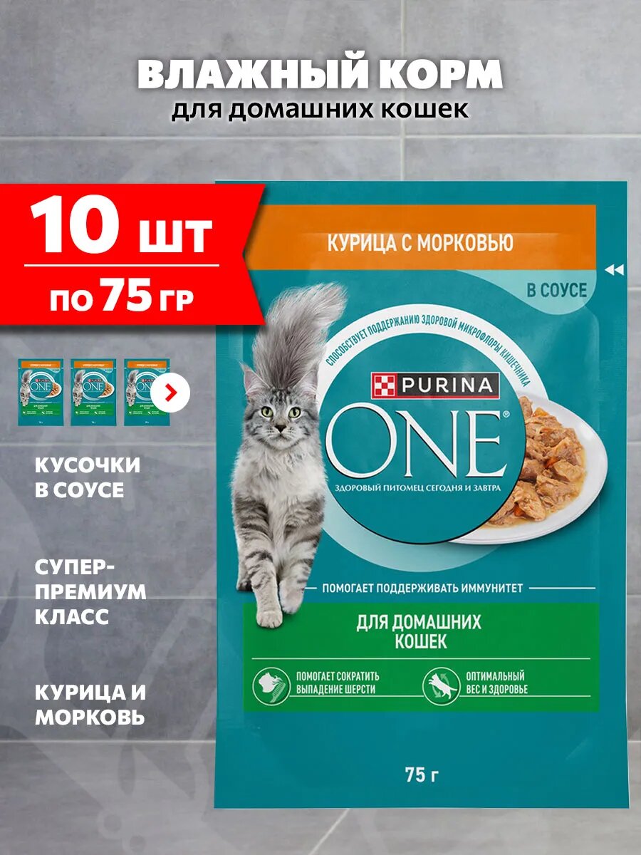 Корм влажный Purina One для взрослых кошек, живущих дома, курица и морковь в соусе, 75 г х 10 шт