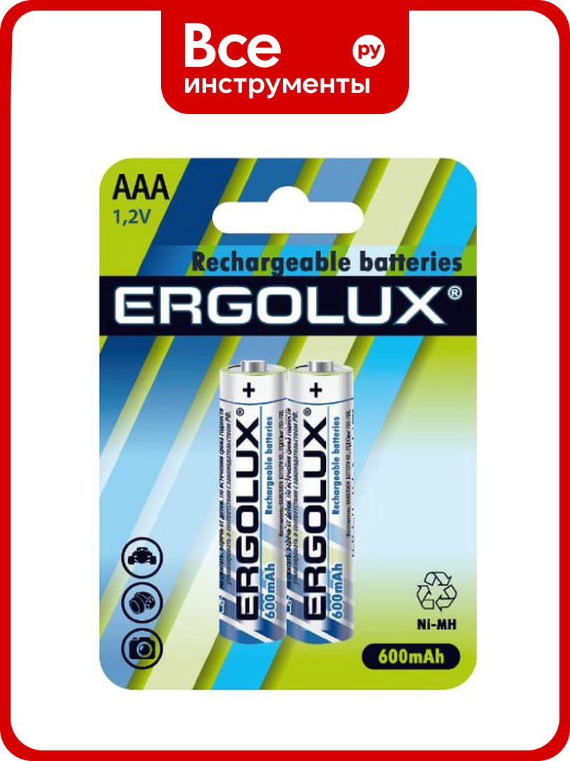 Аккумулятор Ergolux NHAAA600BL2 Ni-Mh тип AAA, высокая емкость, длительный цикл перезарядки, 1.2В источник питания