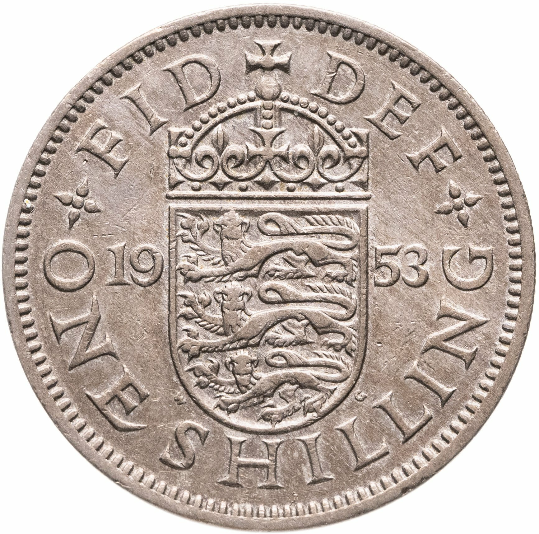 Великобритания 1 шиллинг shilling 1953 Английский герб - 3 льва внутри коронованного щита, Мельхиор медь-никель, в сохранности VF-XF