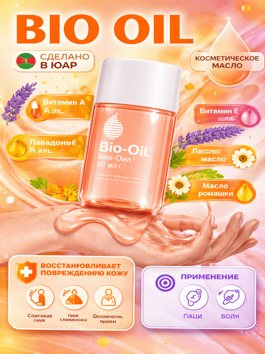 Масло для тела Bio Oil от шрамов растяжек и неровного тона косметическое, 60мл