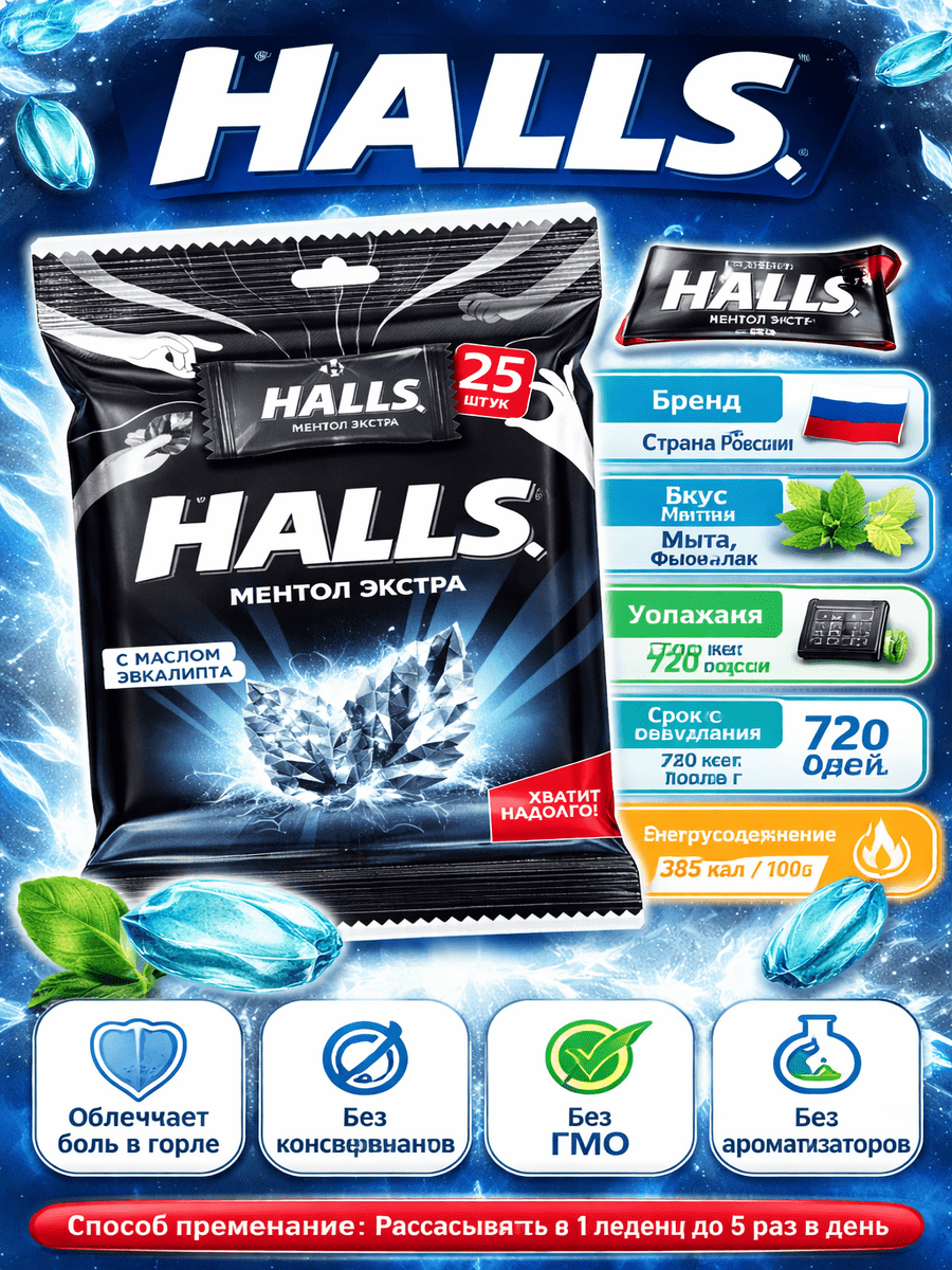 Леденцы Halls Ментол экстра, 69.4г