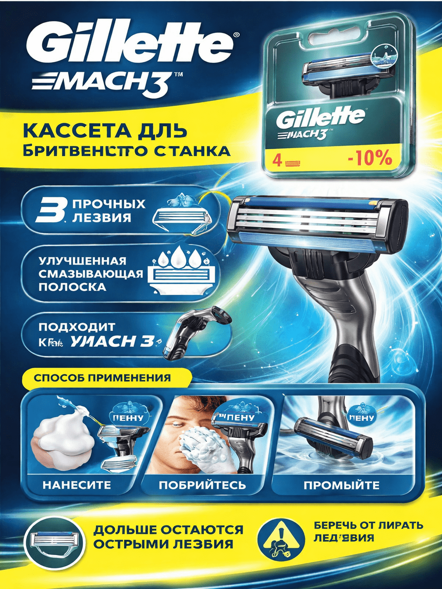 Кассета для бритвенного станка Gillette Mach3, 4шт