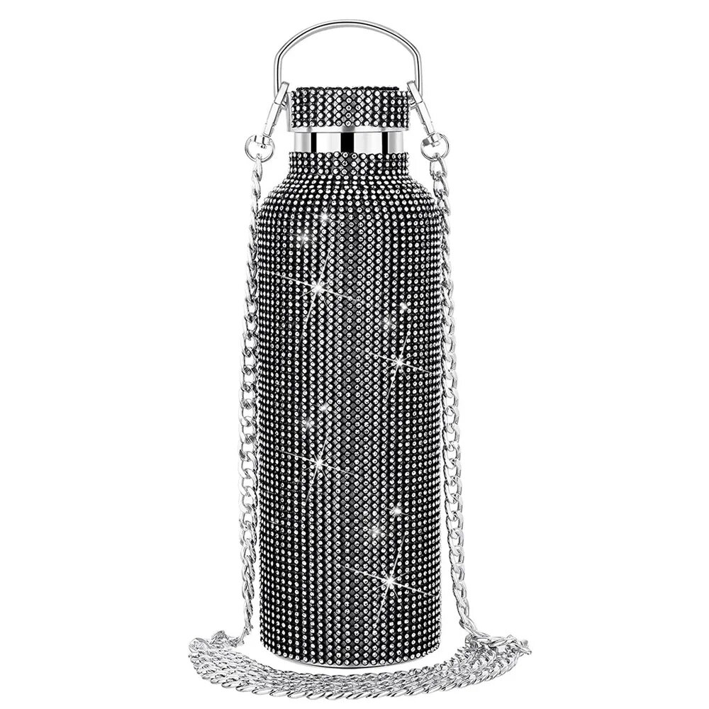 Термокружка с кристаллами Swarovski, 500 мл, черная, со стальной цепочкой