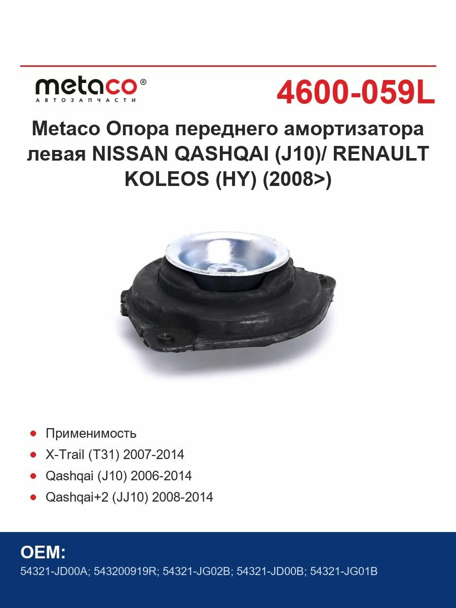 Metaco Опора переднего амортизатора левая NISSAN QASHQAI (J10)/ RENAULT KOLEOS (HY) (2008>)