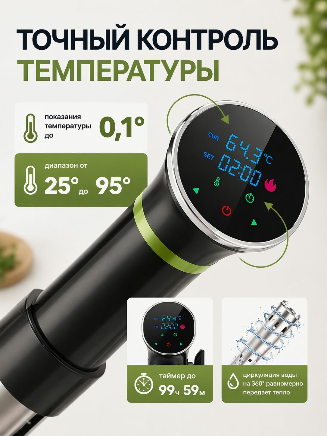 Сувида погружной 1.5л, термостат, для медленного приготовления, удобный, подарок кулинару — фото 1