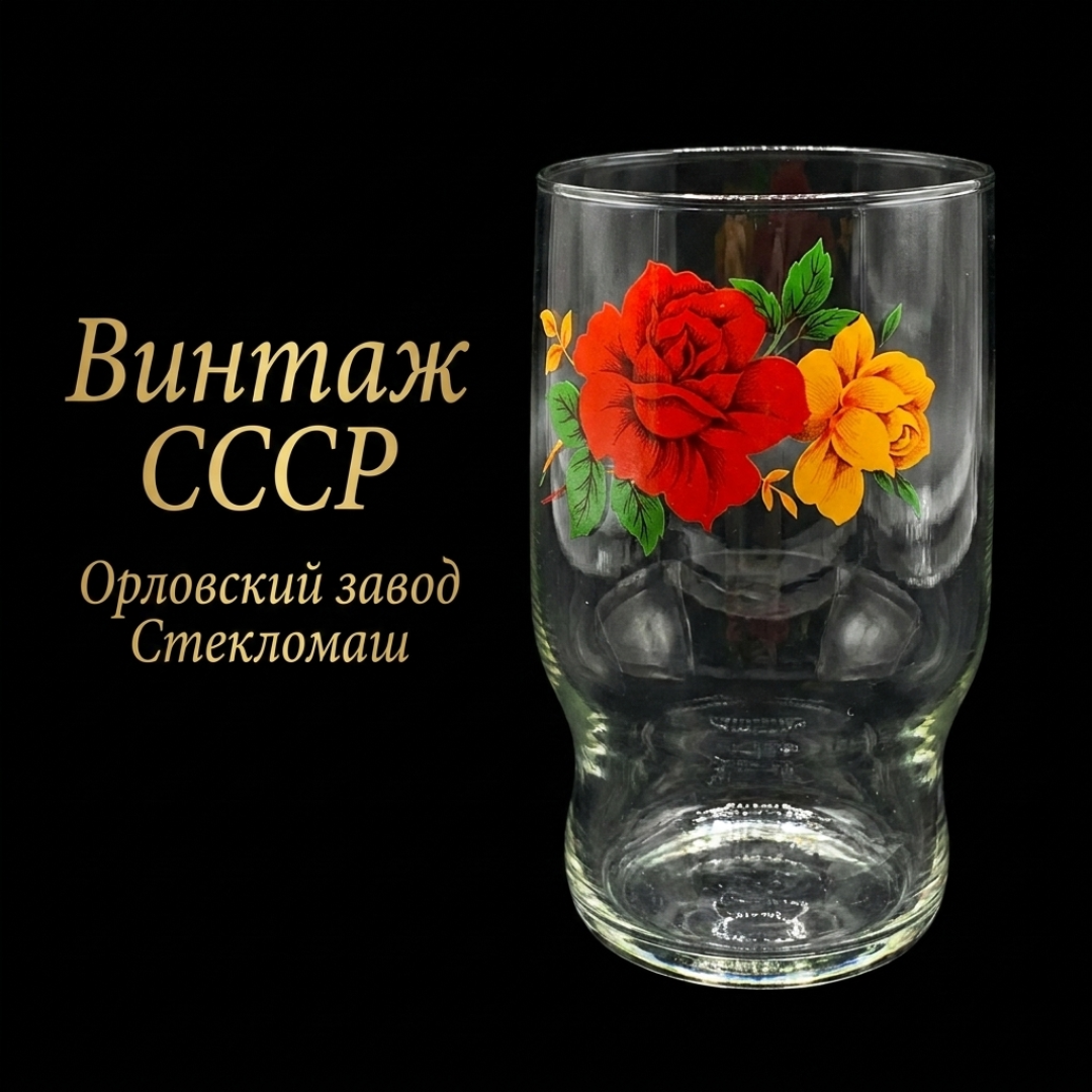 Стакан стеклянный с изображением цветов, Орловский завод стекломаш, СССР
