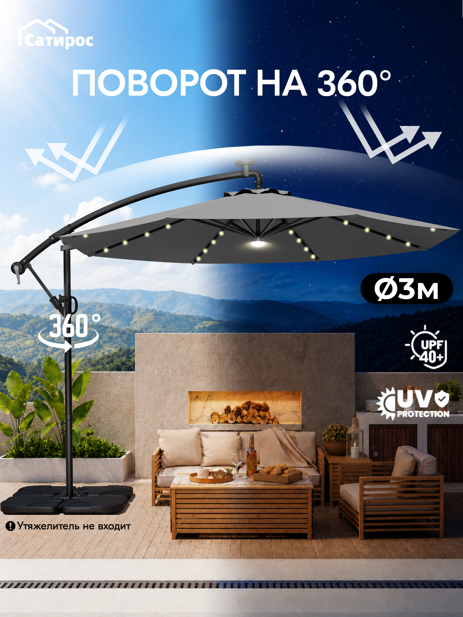 Зонт садовый большой Ø300 см с LED-подсветкой, поворот 360°, регулируемый наклон, ткань 210 г/м² UV40+, Графитовый