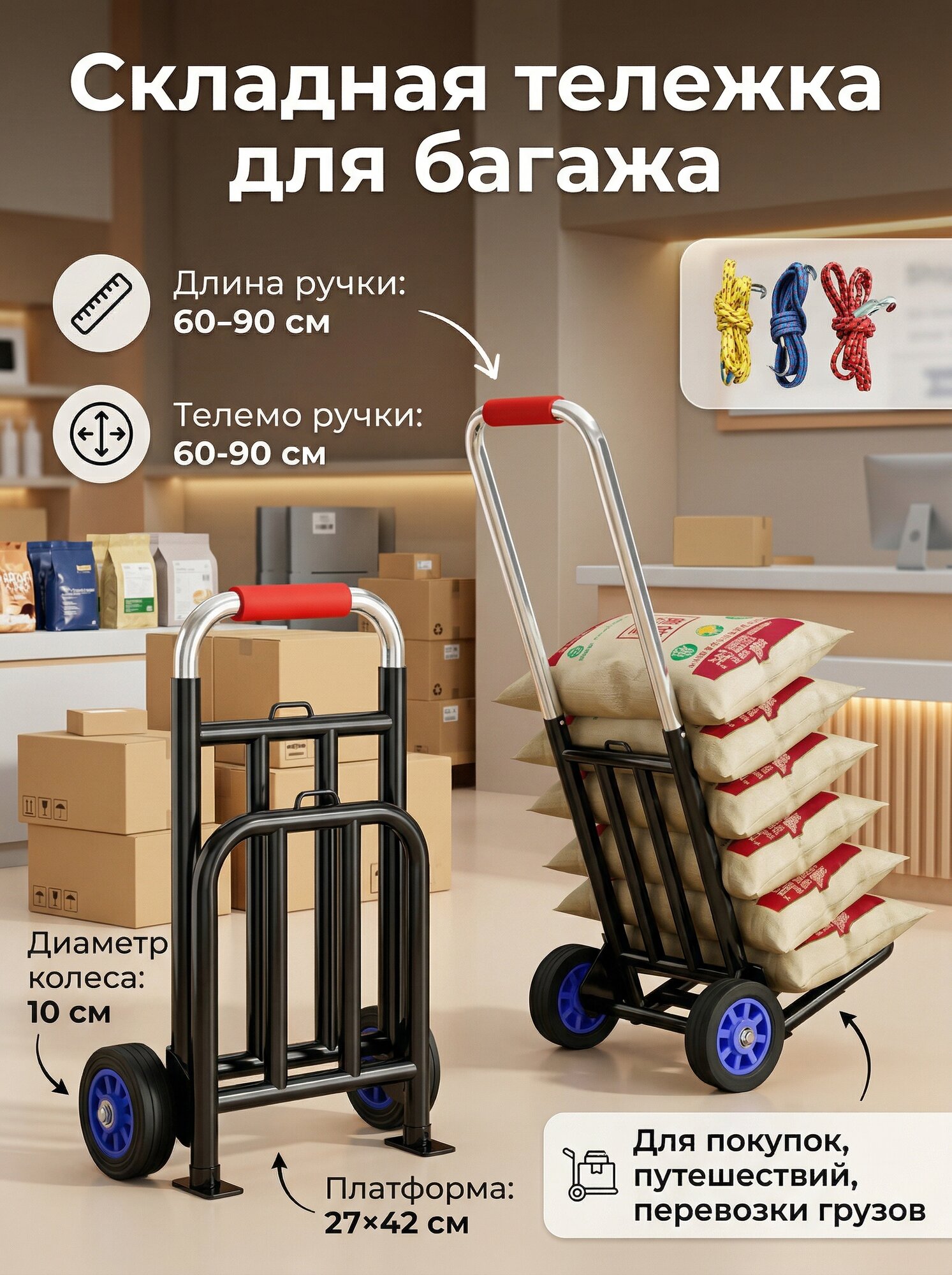 Грузовая тележка для инструментов, 150 кг, прорезиненные колеса, складная (Объем: 10 л; Длина: 40 см; Ширина: 30 см; Высота: 90 см)