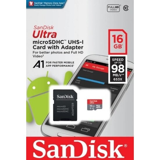 Карта памяти Sandisk Ultra 16Gb microSDHC UHS-I U1 A1 + ADP