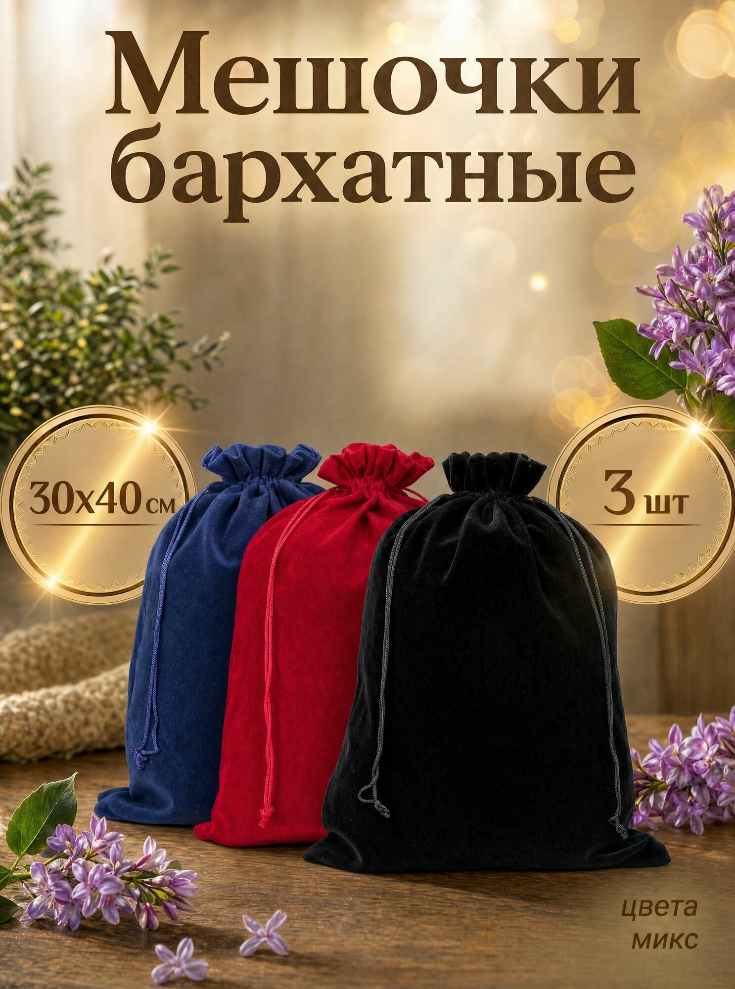 Мешочки бархатные 30х40 см для хранения косметики, настольных игр и упаковки подарков